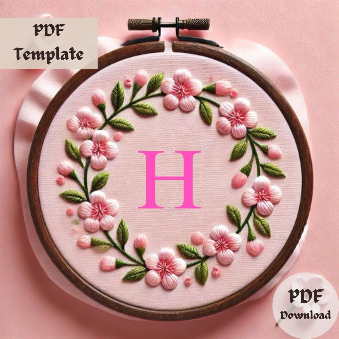 Cherry Blossom Monogram H Embroidery Pattern, Floral Letter Hand ...
