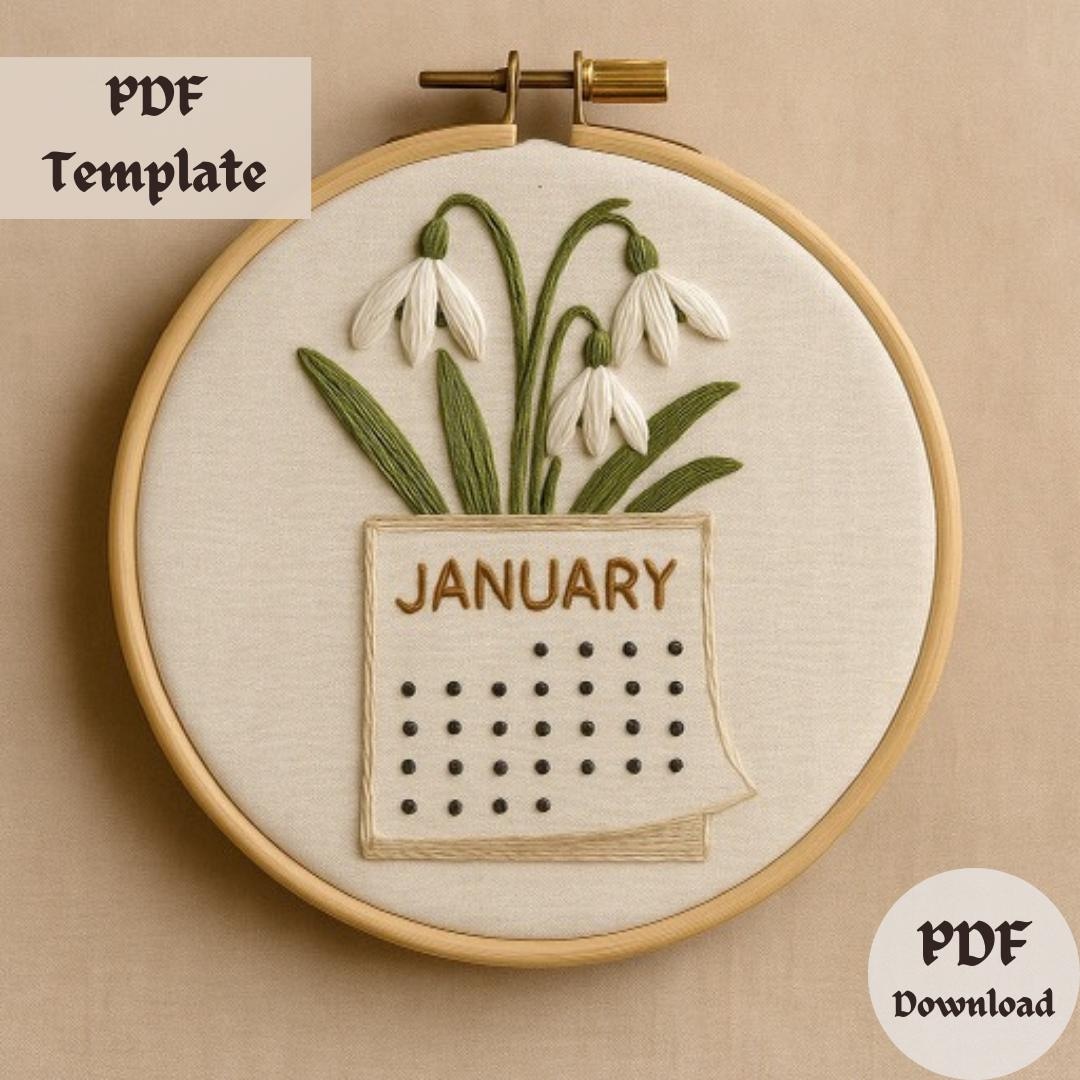 January Calendar Embroidery Pattern, Monthly Floral Hand Embroidery ...