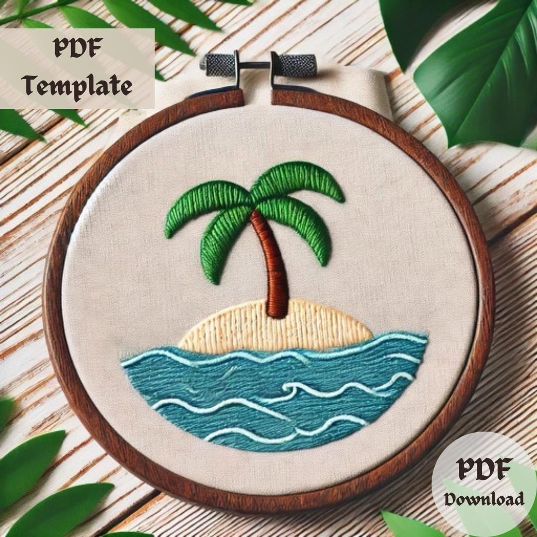 Tropical Island Embroidery Pattern, Paradise Hand Embroidery, Palm Tree ...