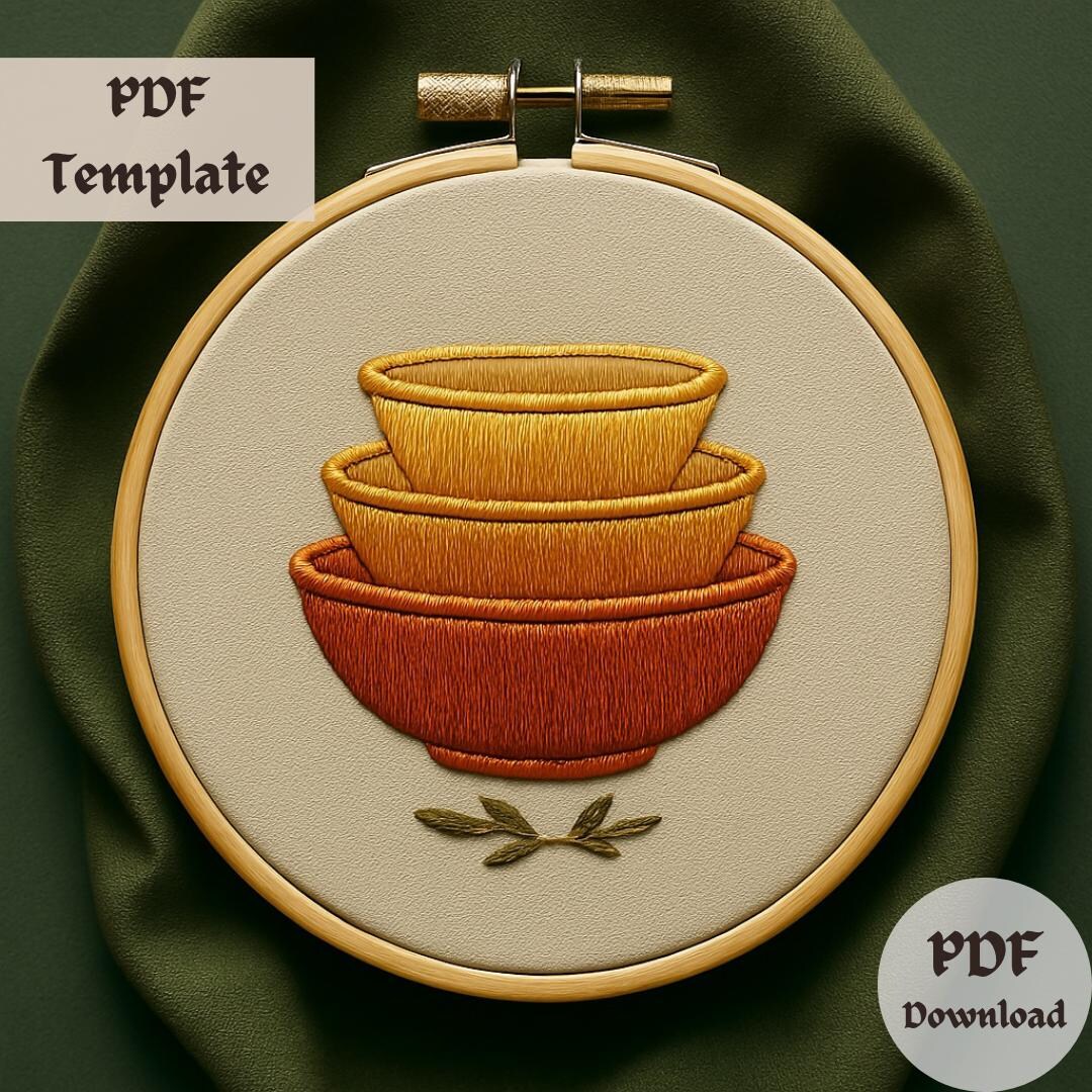 Stacked Bowls Embroidery Pattern, Kitchen Dish Stitching PDF, Hand ...