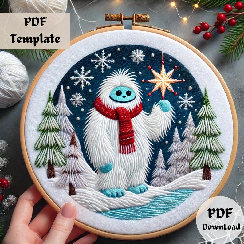 Yeti Embroidery Pattern – Fun Winter DIY Stitching Template, Cute ...