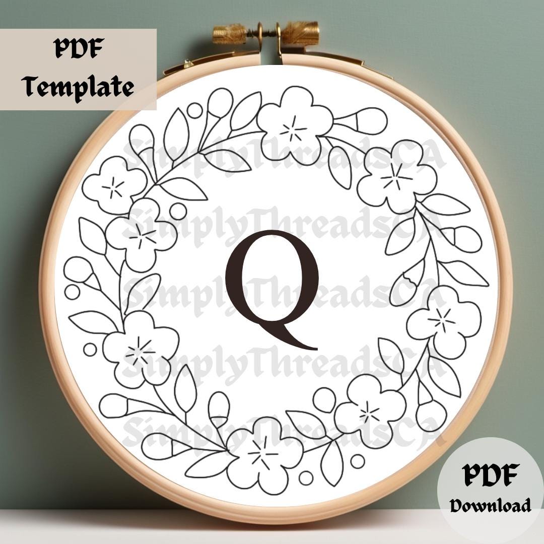 Cherry Blossom Monogram Q Embroidery Pattern, Floral Letter Hand ...