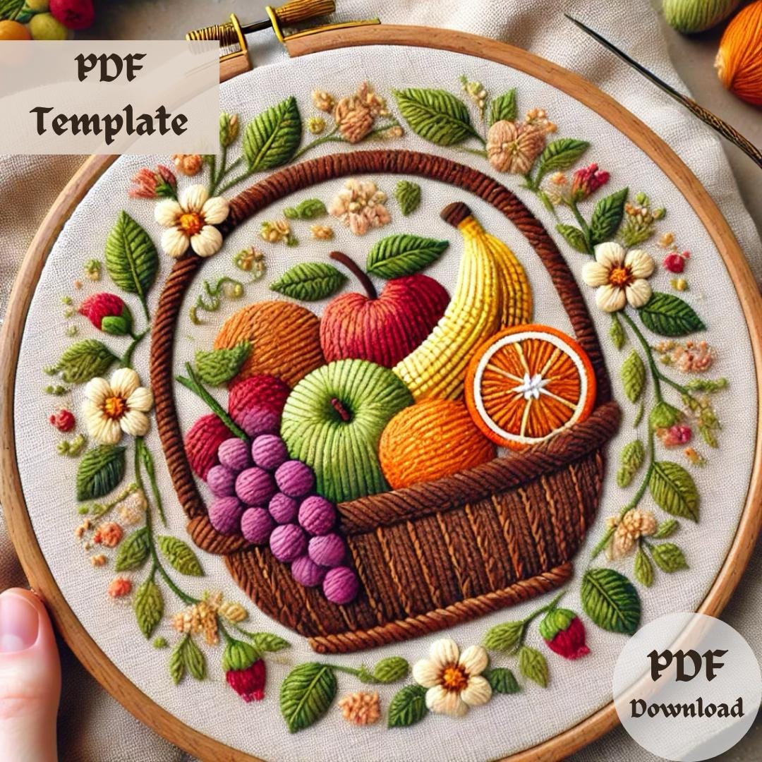 Fruit Basket Embroidery Pattern, Harvest Fruit Hand Embroidery PDF ...