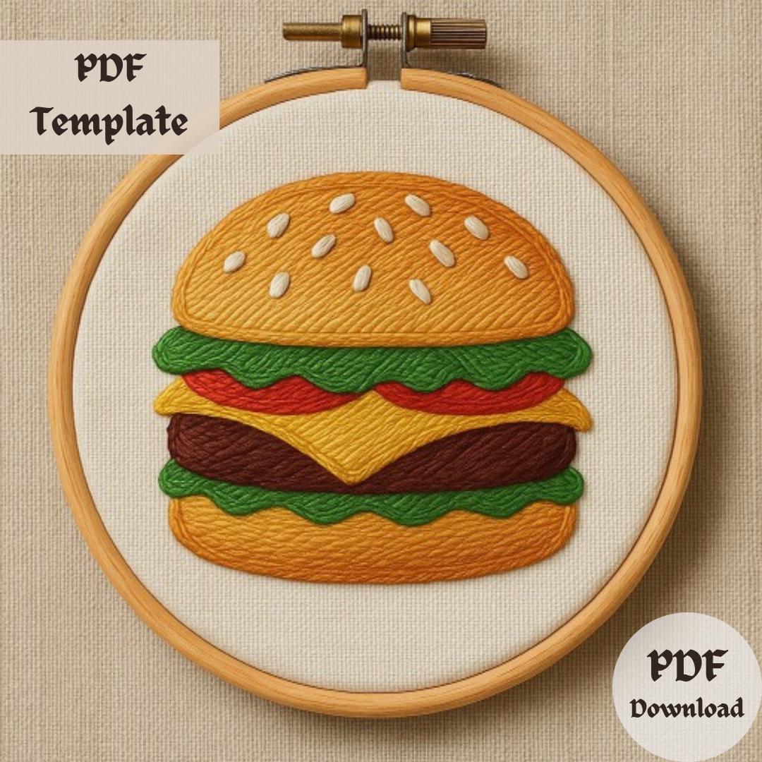 Hamburger Hand Embroidery Pattern, Realistic Burger Hand Embroidery ...