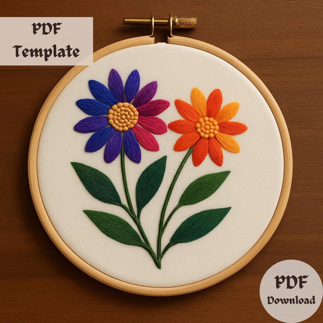 Dual Daisy Flowers Embroidery Pattern, Colorful Floral Hand Embroidery ...