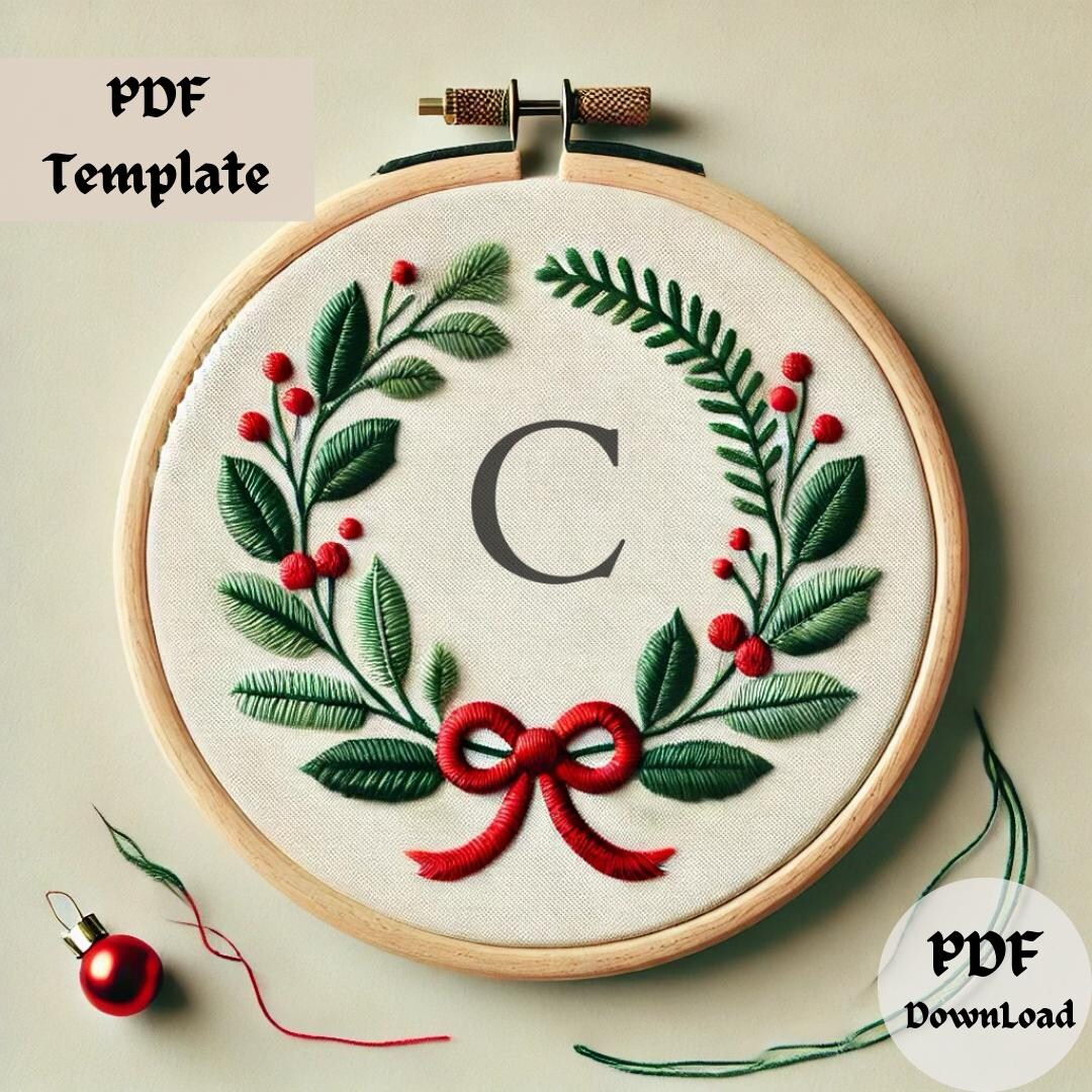 Letter C Embroidery Pattern DIY Monogram Ornament Wreath, Personalized ...