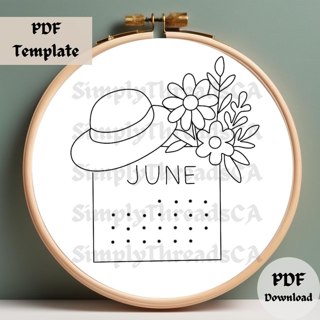 June Calendar Hand Embroidery Pattern, Sun Hat Hand Embroidery PDF ...