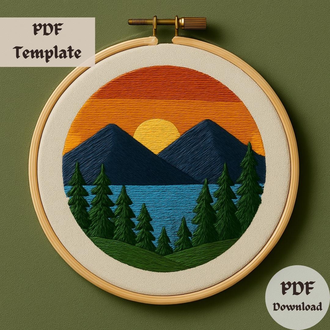 Mountain Sunset Embroidery Pattern, Scenic Landscape Hand Embroidery ...