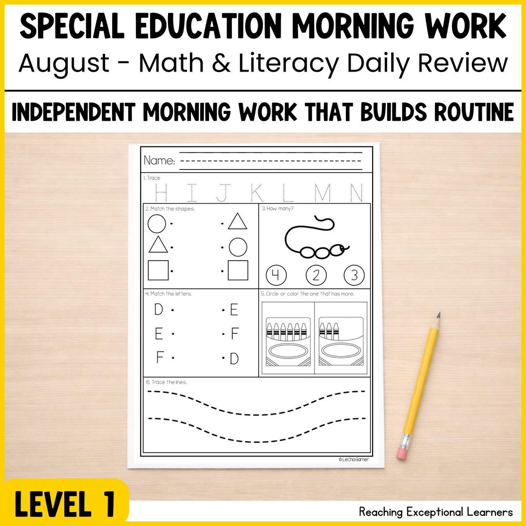 August Special Education Morning Work Level 1 - Literacy, Math & Fine ...