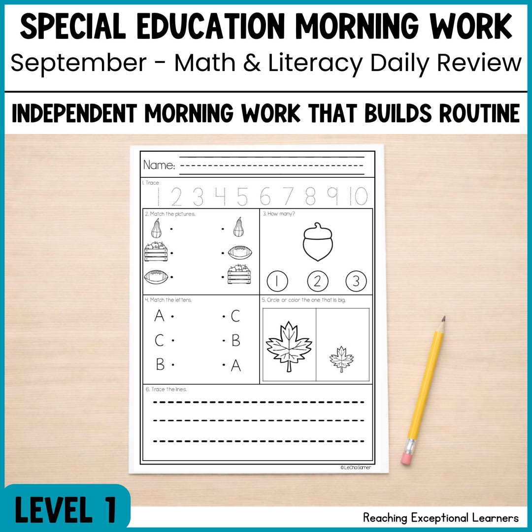 September Special Education Morning Work Level 1 - Literacy, Math ...