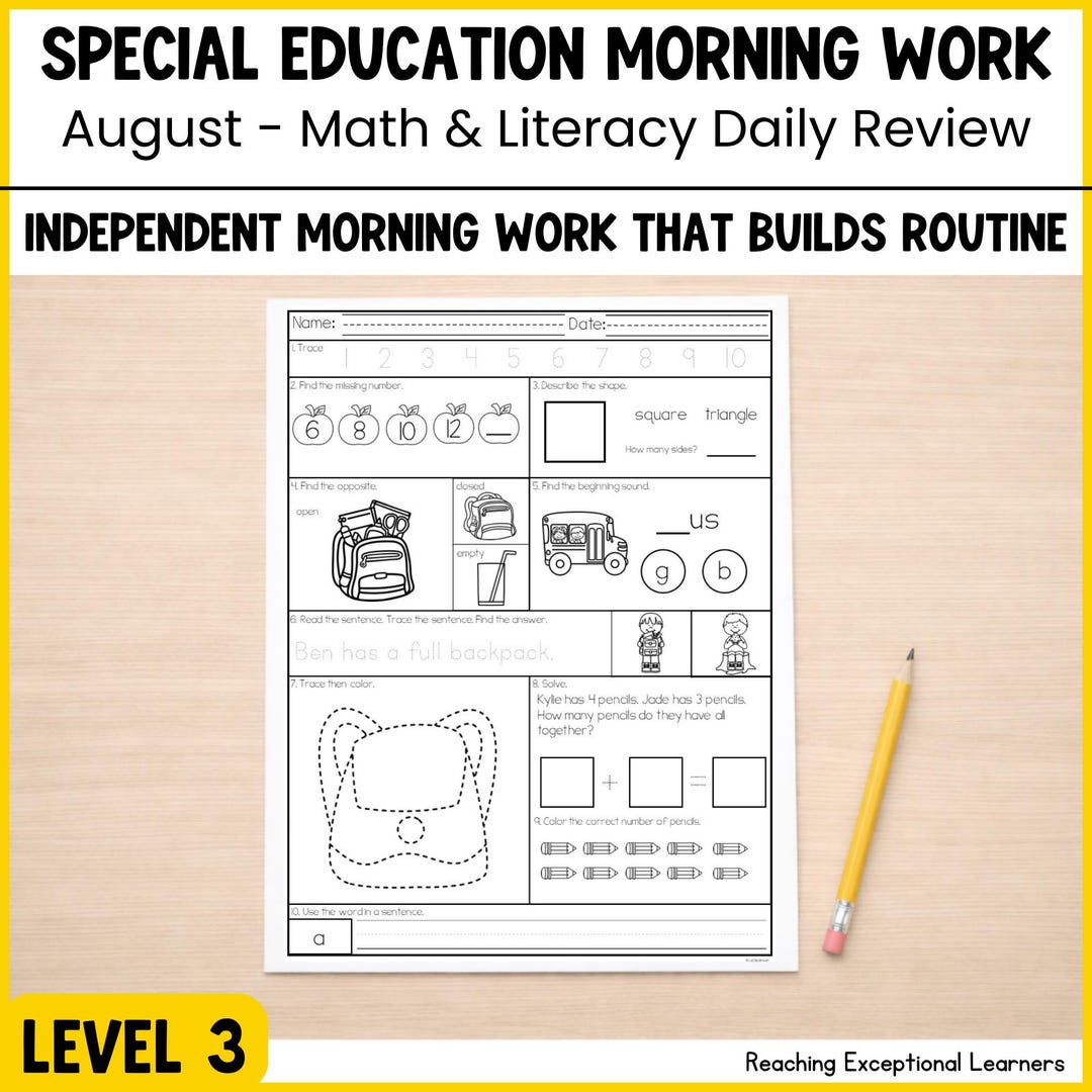 August Special Education Morning Work Level 3: Literacy, Math & Fine ...