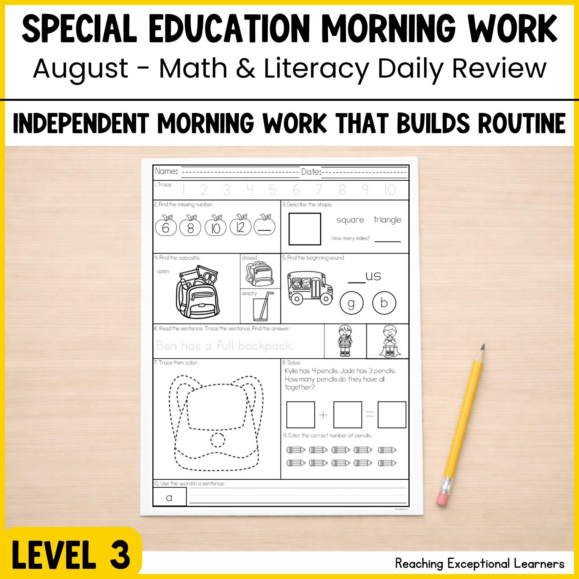 August Special Education Morning Work Level 3: Literacy, Math & Fine ...