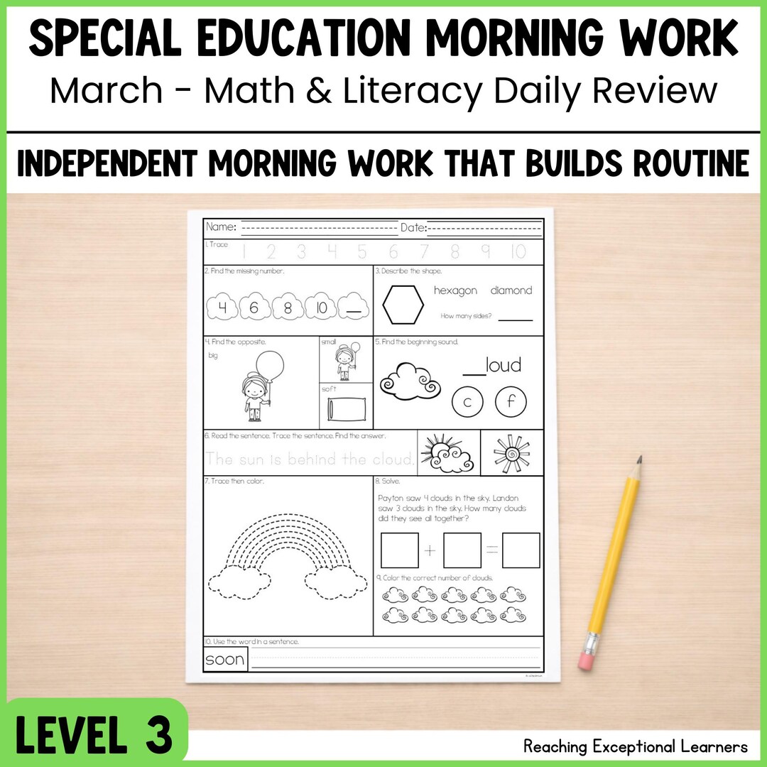 March Special Education Morning Work Level 3: Literacy, Math & Fine ...