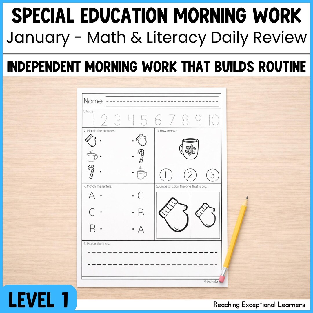January Special Education Morning Work Level 1 - Literacy, Math & Fine ...