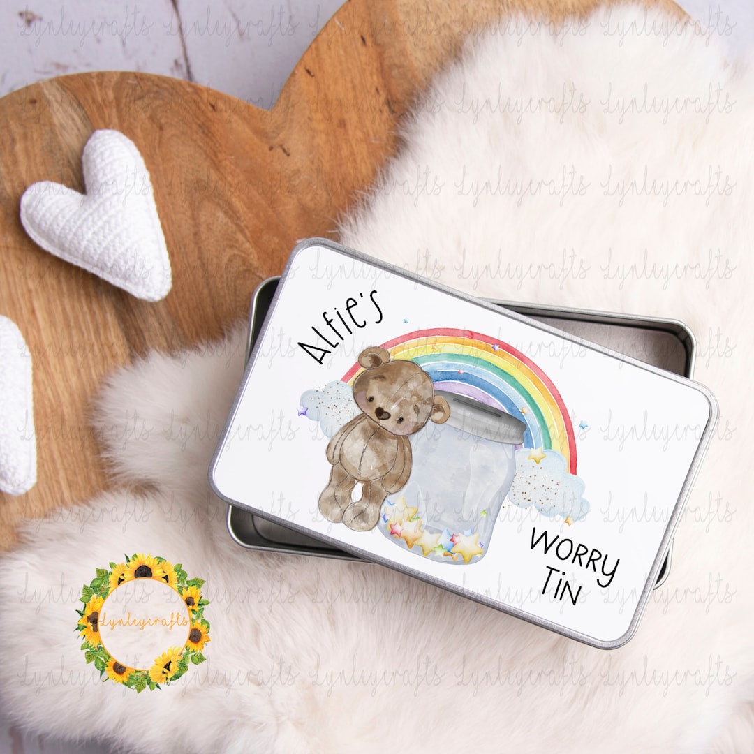 Childrens Teddy Bear Worry Tin, Personalised Kids Worry Box, Anxiety ...