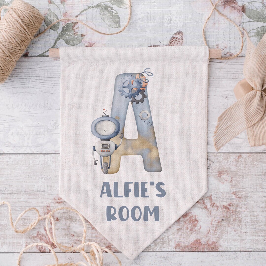 Personalised Robot Alphabet Pennant Flag, Robot Themed Boys Gift, Boys ...