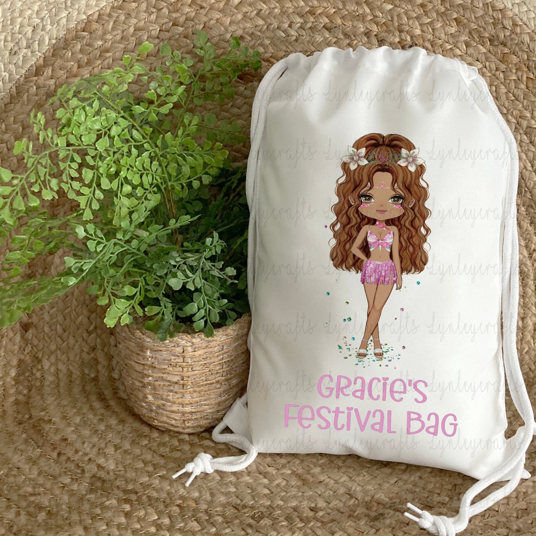 Personalised Festival Bag, Character Girl Drawstring Bag, Festival ...