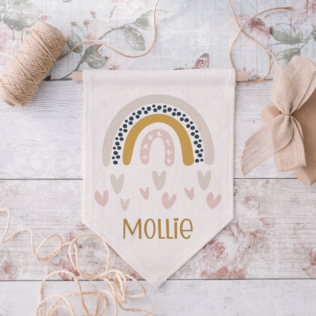 Personalised Boho Rainbow Sign, Girls Bedroom Sign, Girls Linen Pennant ...