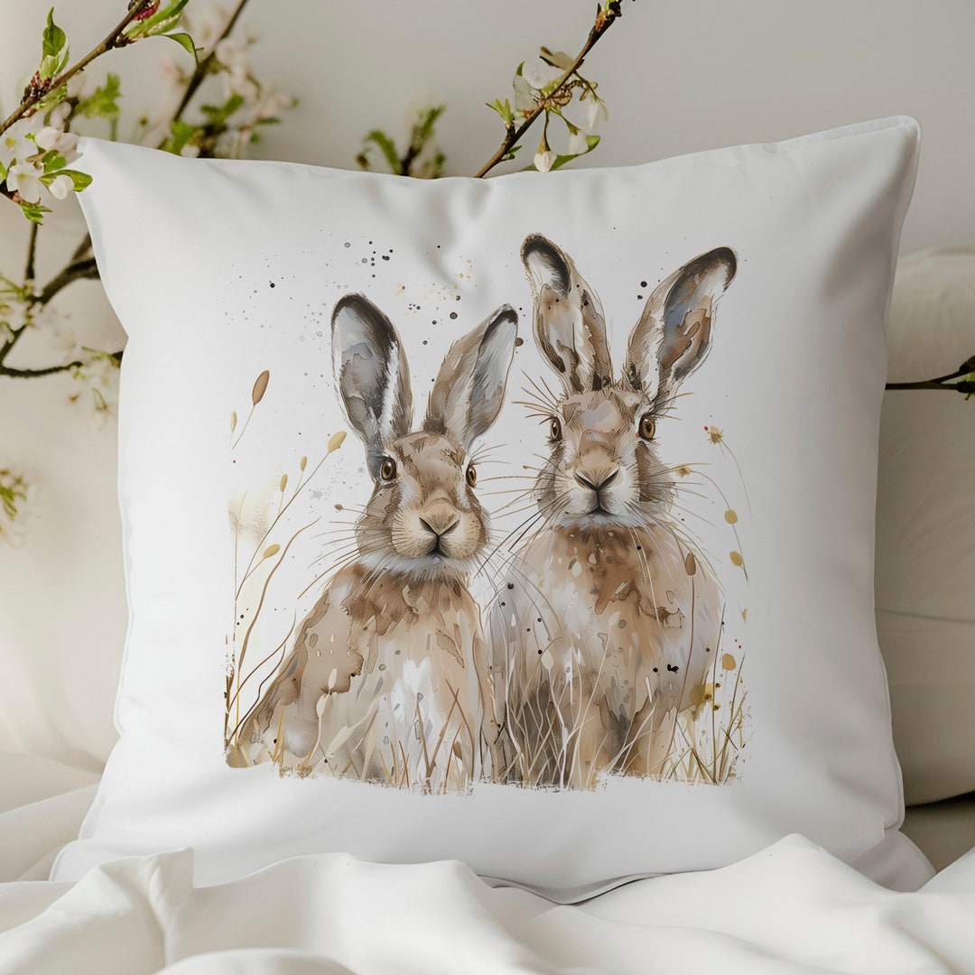 Spring Hares Cushion, Watercolour Rabbit Pillow, Country Living Cushion ...