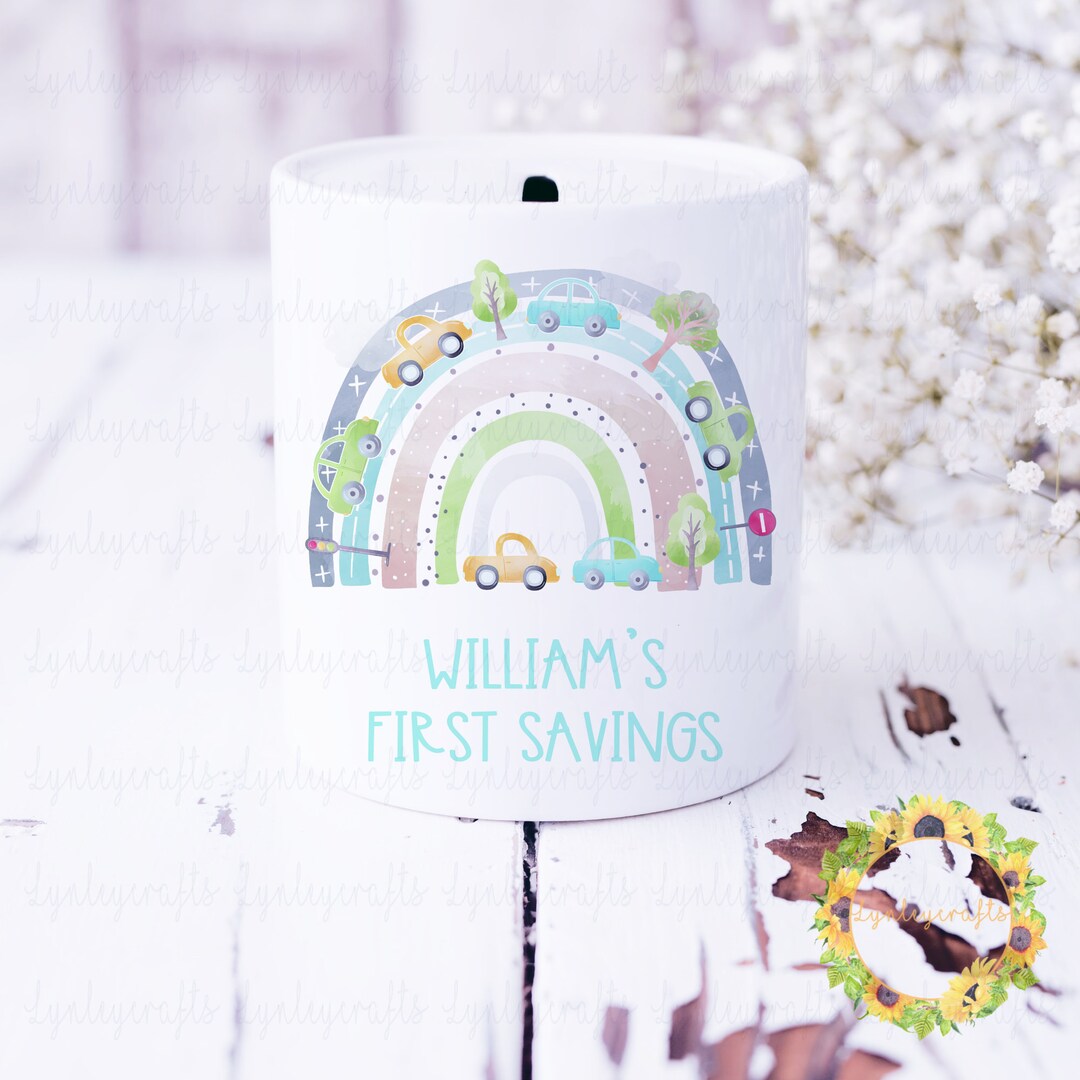 Personalised Car Rainbow Money Box, Car Themed Boys Gift, First Savings ...