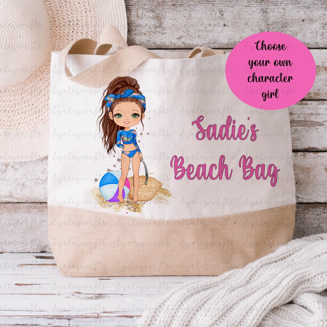 Personalised Girls Beach Bag, Character Travel Bag for Her, Large Jute ...