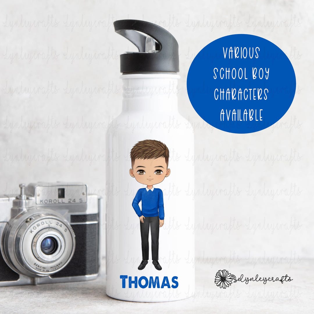 School Boy Character Water Bottle, Personalised Boys Drinks Bottle, PE ...