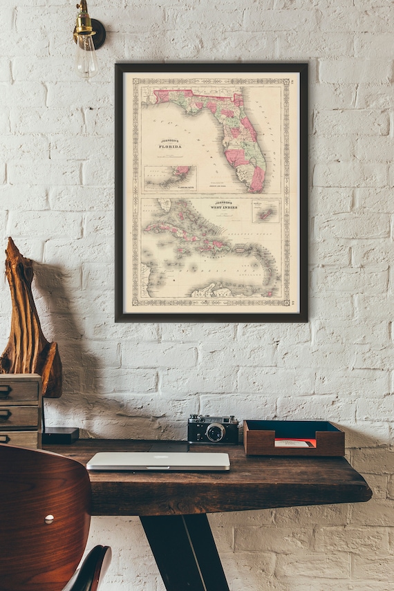 Vintage map of Florida Digital Download Old Florida Wall Map | Etsy