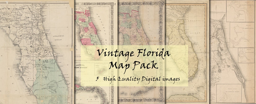 Vintage Map of Florida Pack of 5 Digital Instant Downloadable High ...