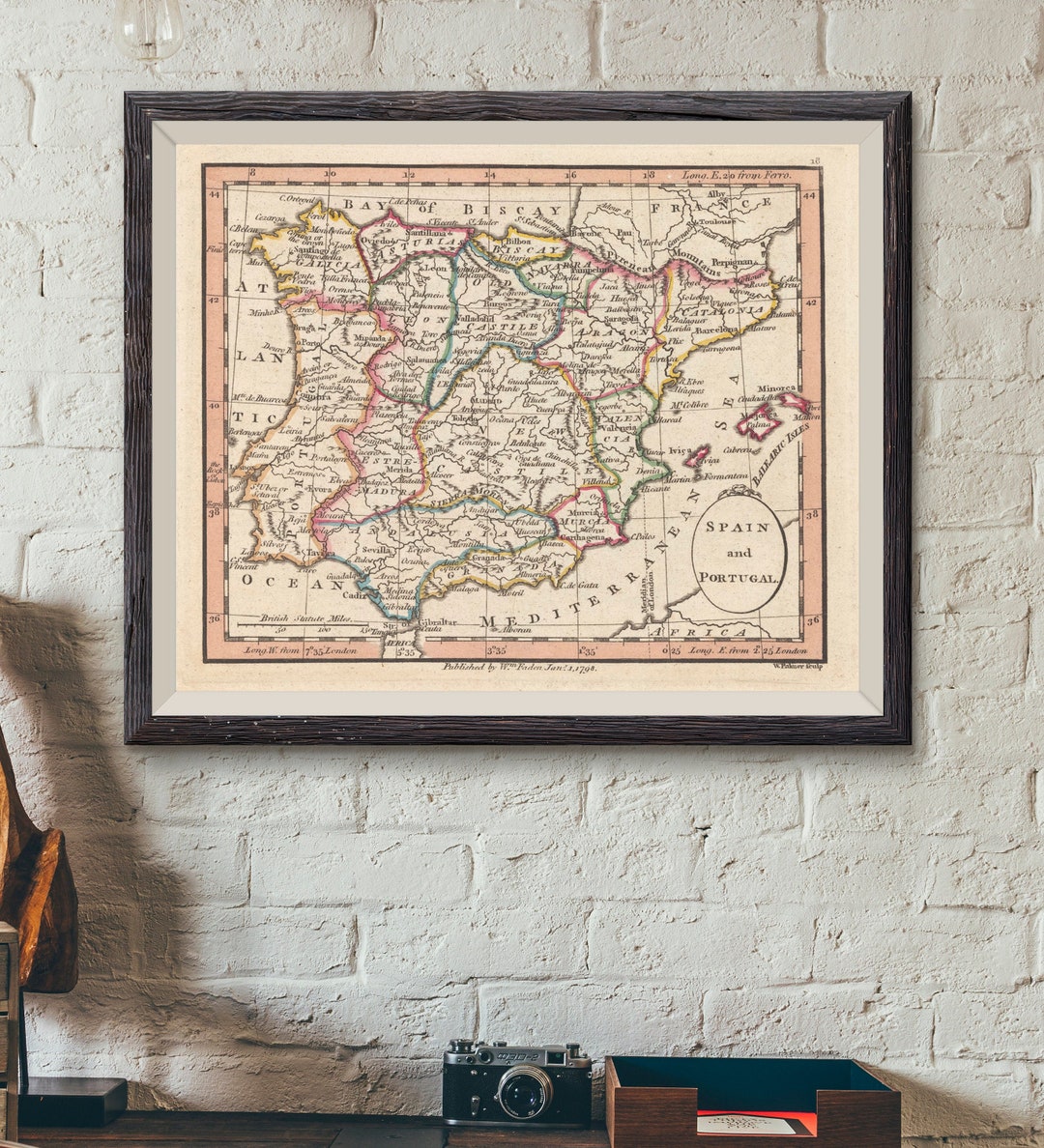 Vintage Map of Spain Digital Download Old Spain and Portugal Wall Map ...