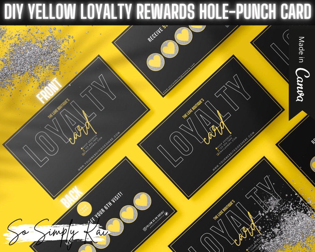 DIY Yellow Loyalty Rewards Card Template, Hole Punch, Customer Rewards ...