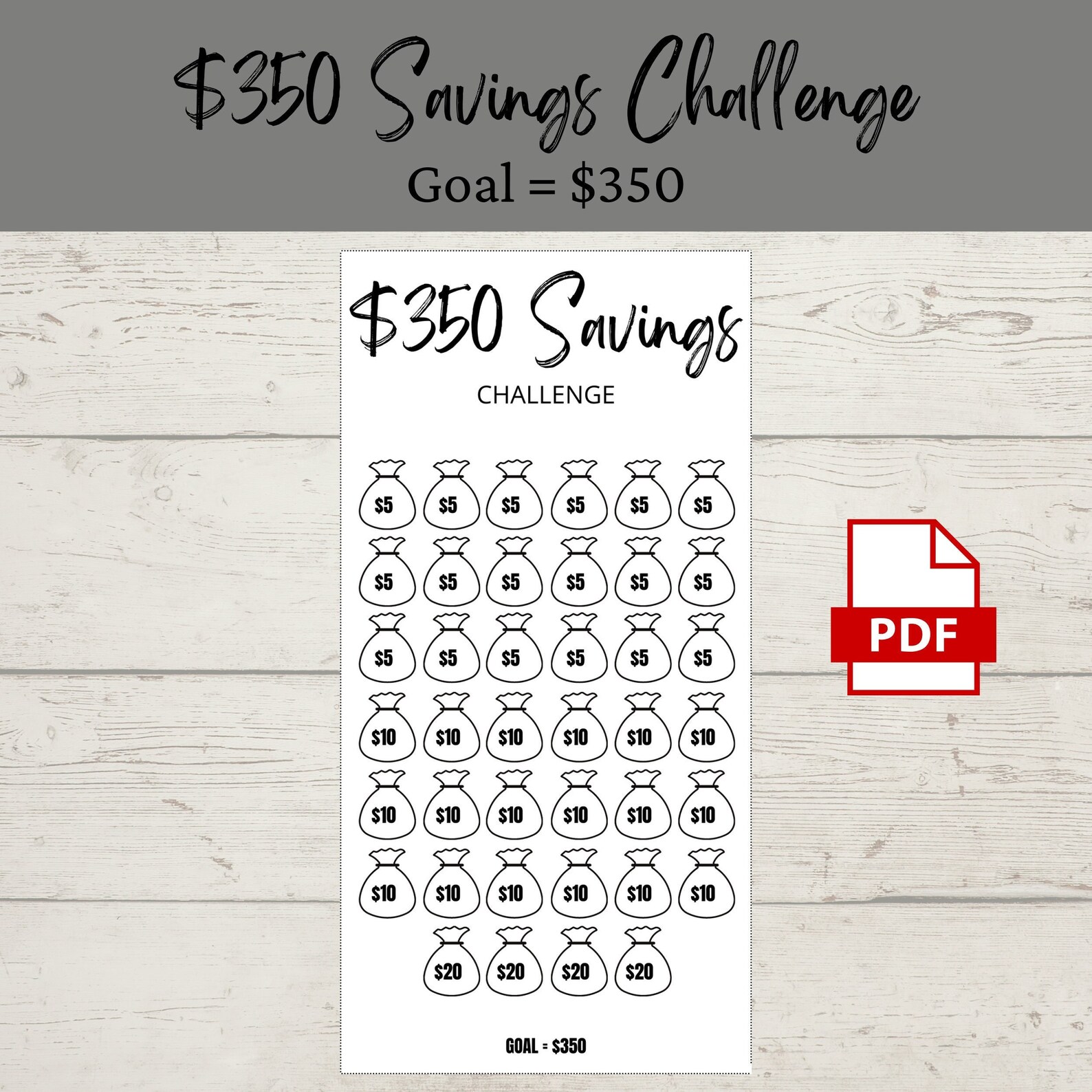 350 Dollar Savings Challenge | Printable PDF | Savings Tracker ...