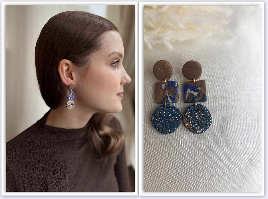 Stud Earrings MOA Small Polymer Clay Earrings Brown Blue Beige and Gold ...