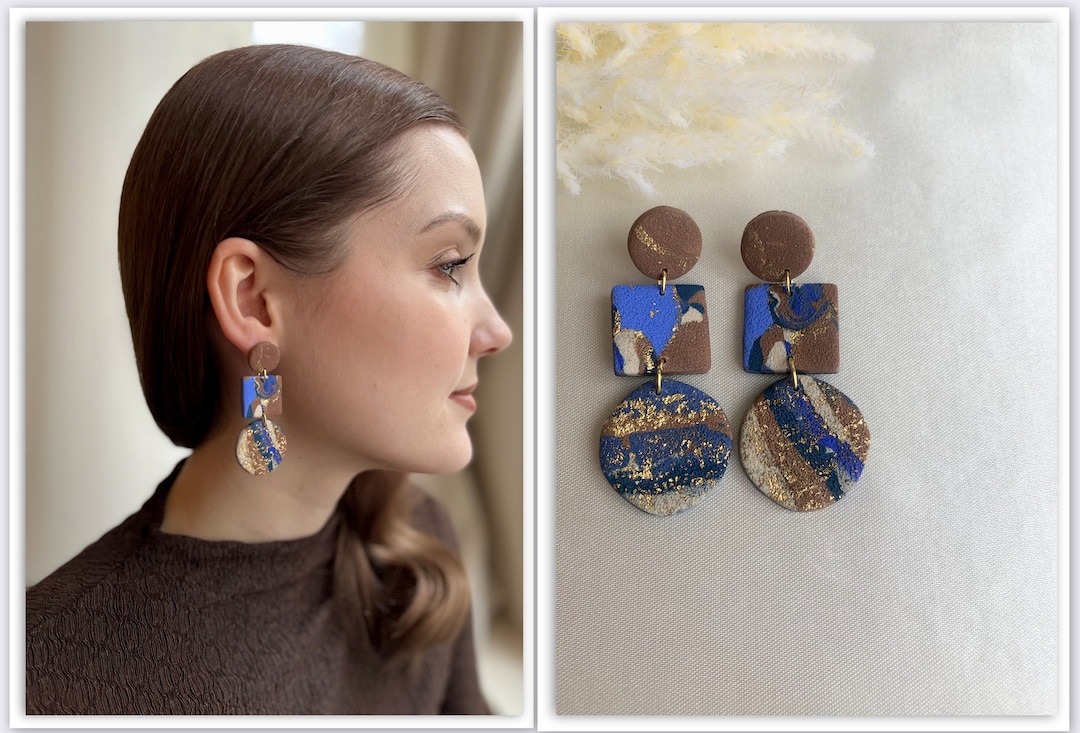 Ohrstecker MOA groß Polymer Clay Ohrringe braun blau beige und gold ...