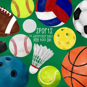 Sports Balls Clipart, Watercolor Sports Clipart, Sports Clipart for ...