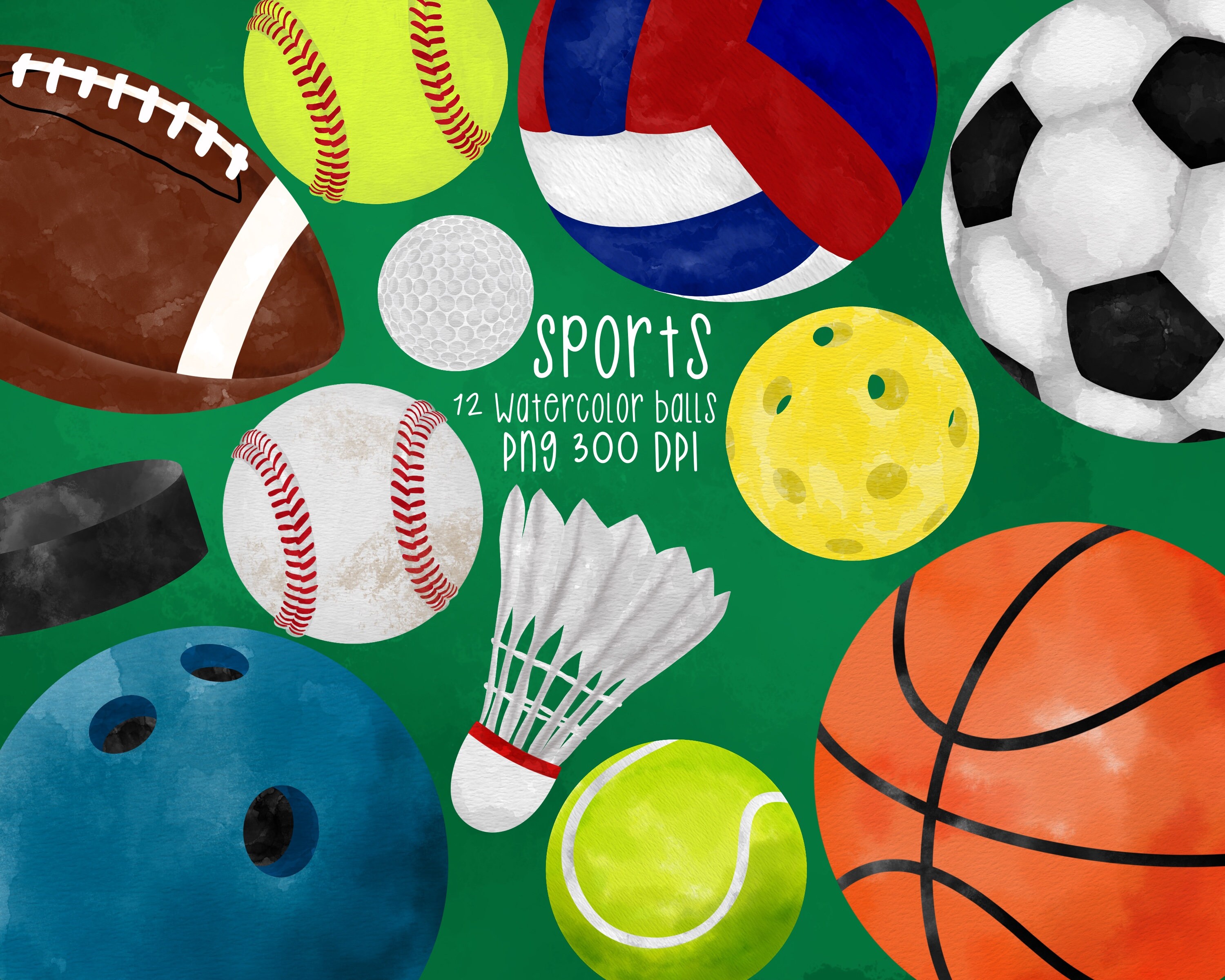 Sports Balls Clipart, Watercolor Sports Clipart, Sports Clipart for ...