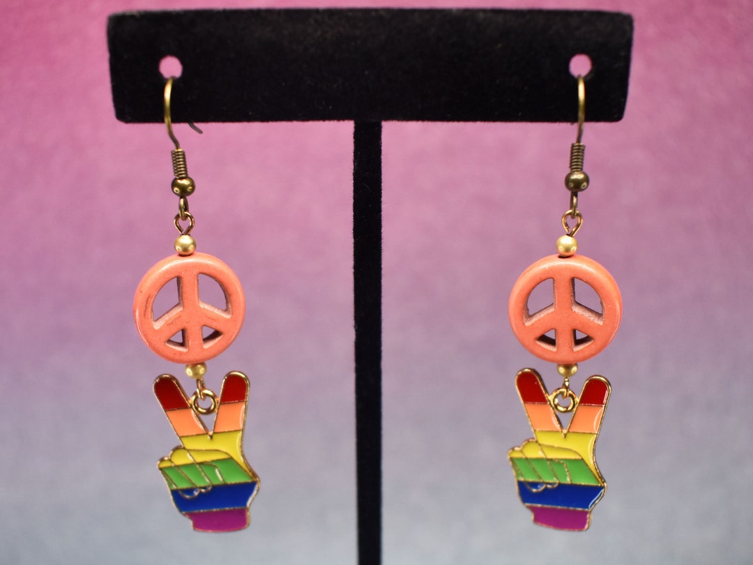 Rainbow Peace Hand Sign Earrings With Orange Peace Sign Symbols LGBTQ ...