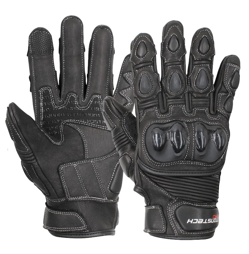 Monstech Black Leather Motorcycle Racing Gloves - Etsy
