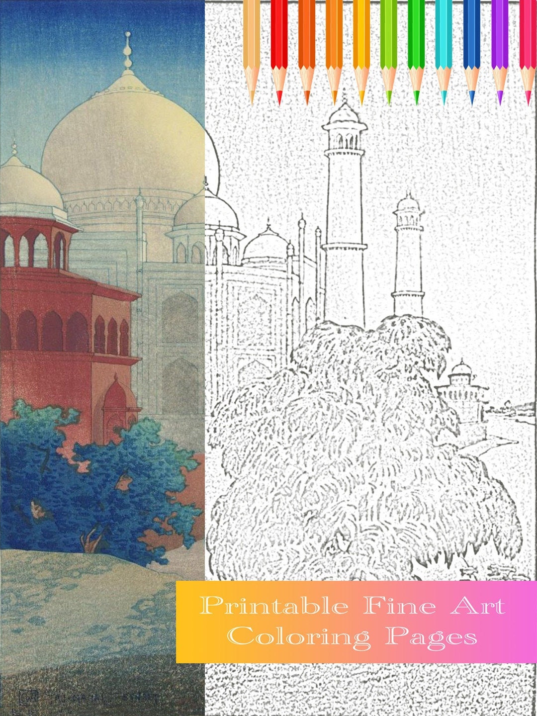 Printable 8.5"x11" Fine Art Coloring Page- Taj Mahal, Sunset, Charles W ...
