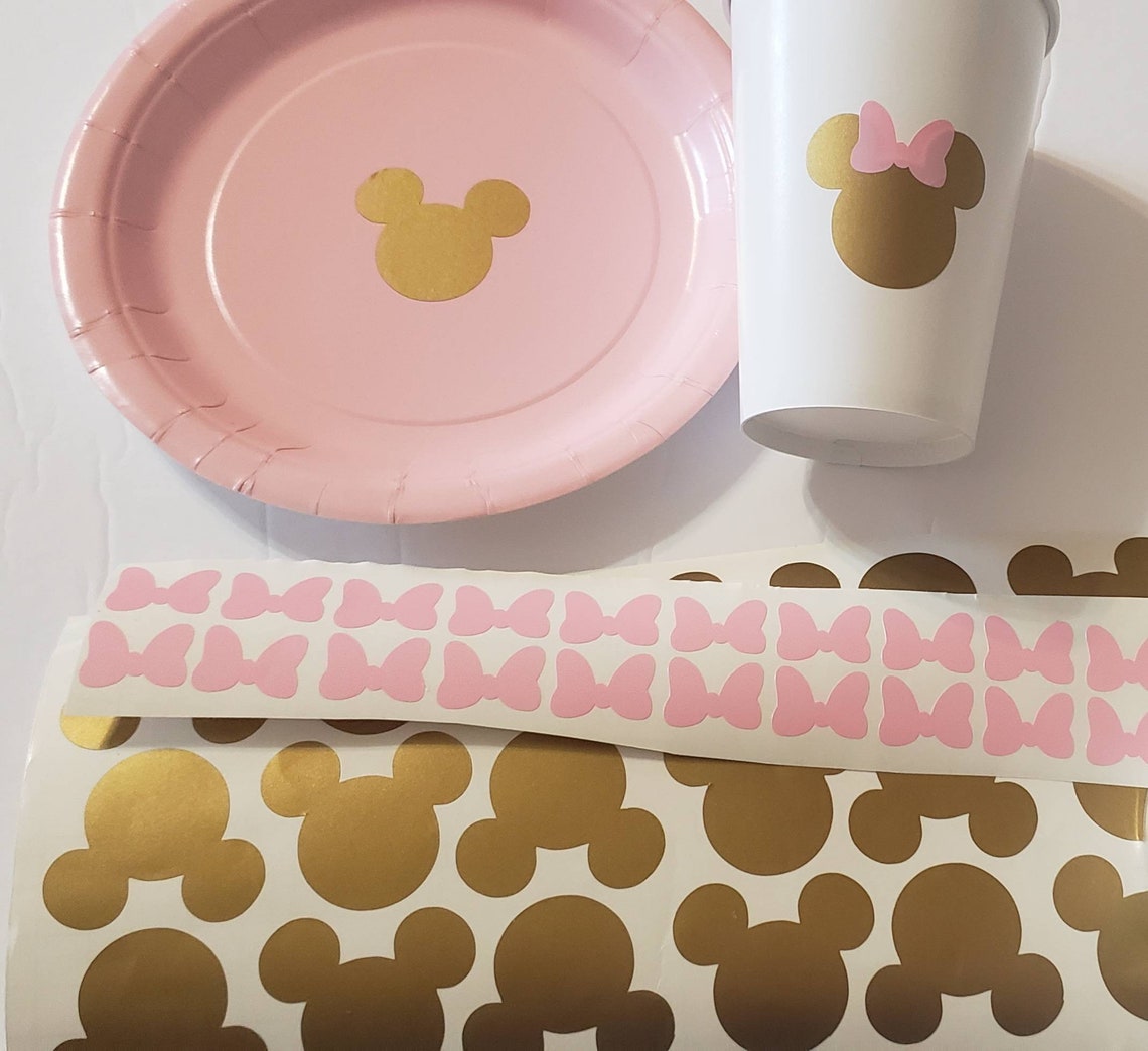 12 Pink and Gold Minnie Mouse Vinyl Stickers, Head and Bow for Cups or ...