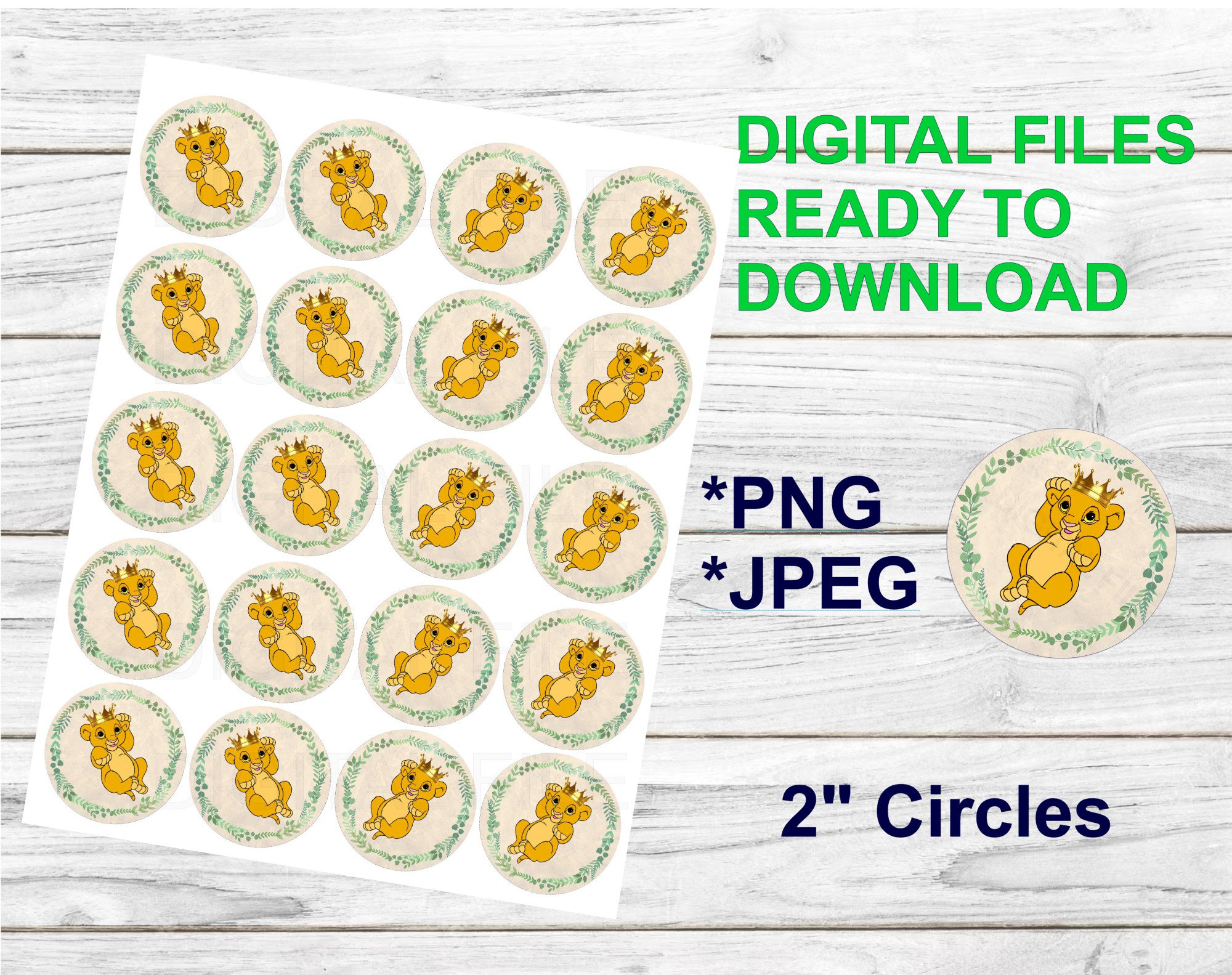 Baby Simba W Crown, Lion Printable 2" Cupcake Toppers Circles Digital ...