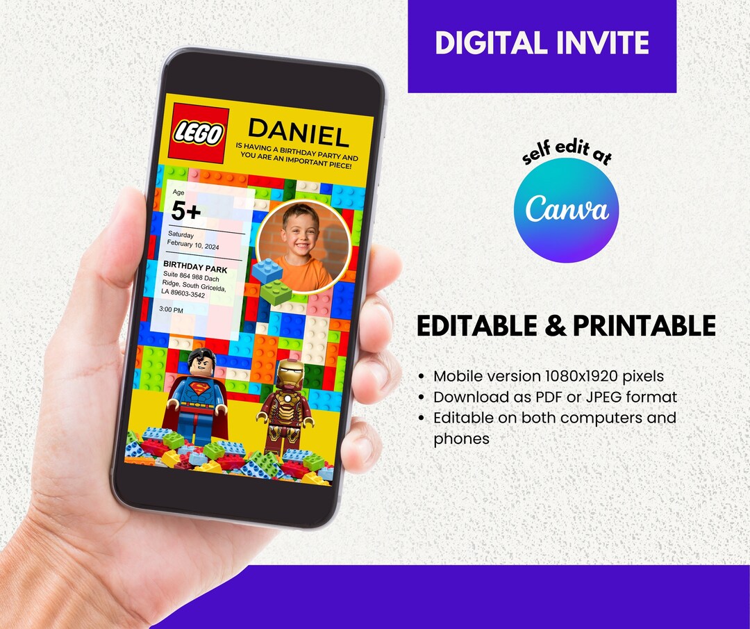 LEGO Editable Birthday Invitation Digital Template - Etsy