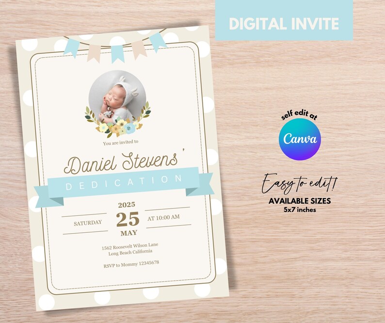 Boy Dedication Invitation: Editable Christening Template (digital ...