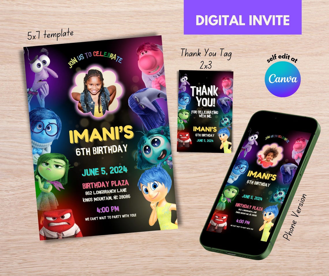 Editable Inside Out 2 Birthday Invitation | Customizable Canva Template ...