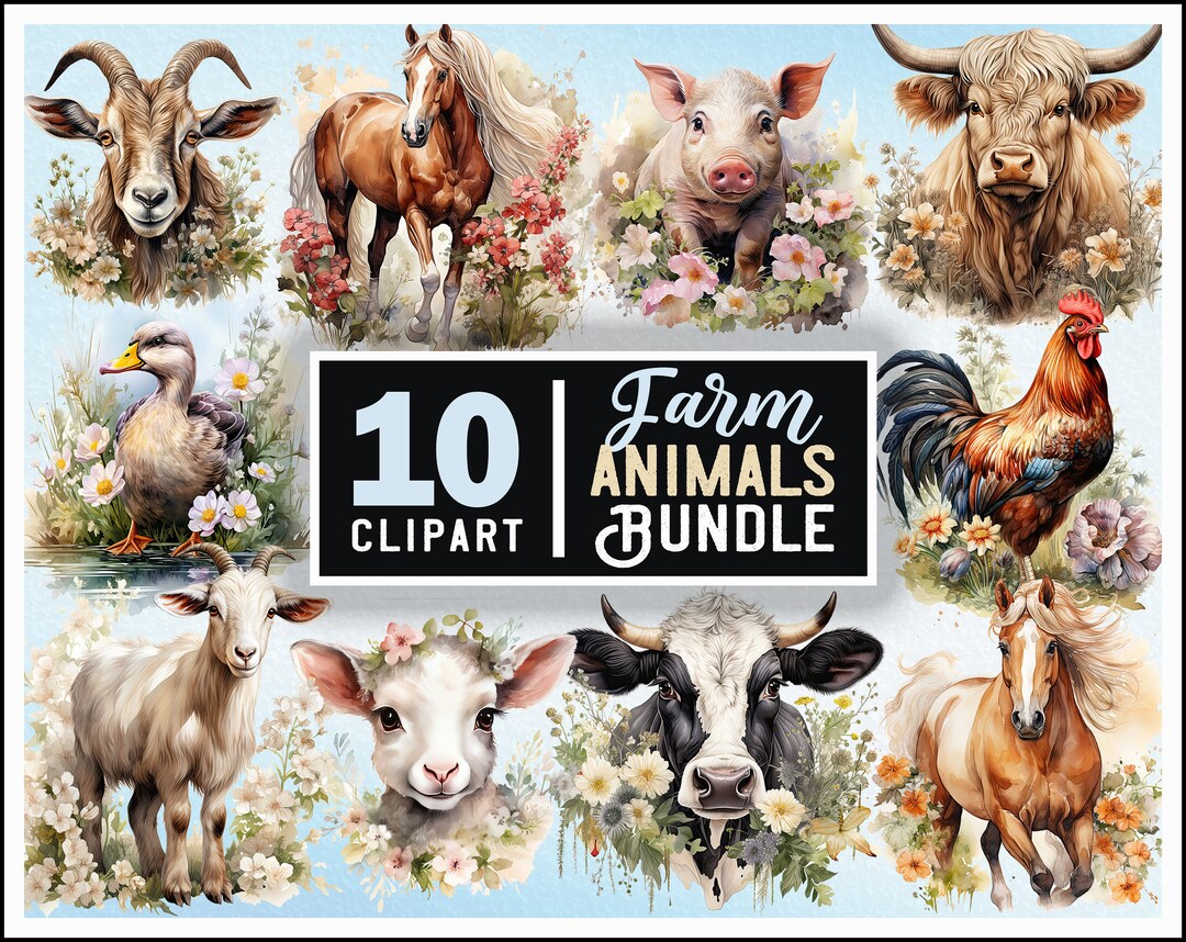 Farm Animals Clipart PNG Sublimation Bundle, Floral Animals PNG Bundle ...
