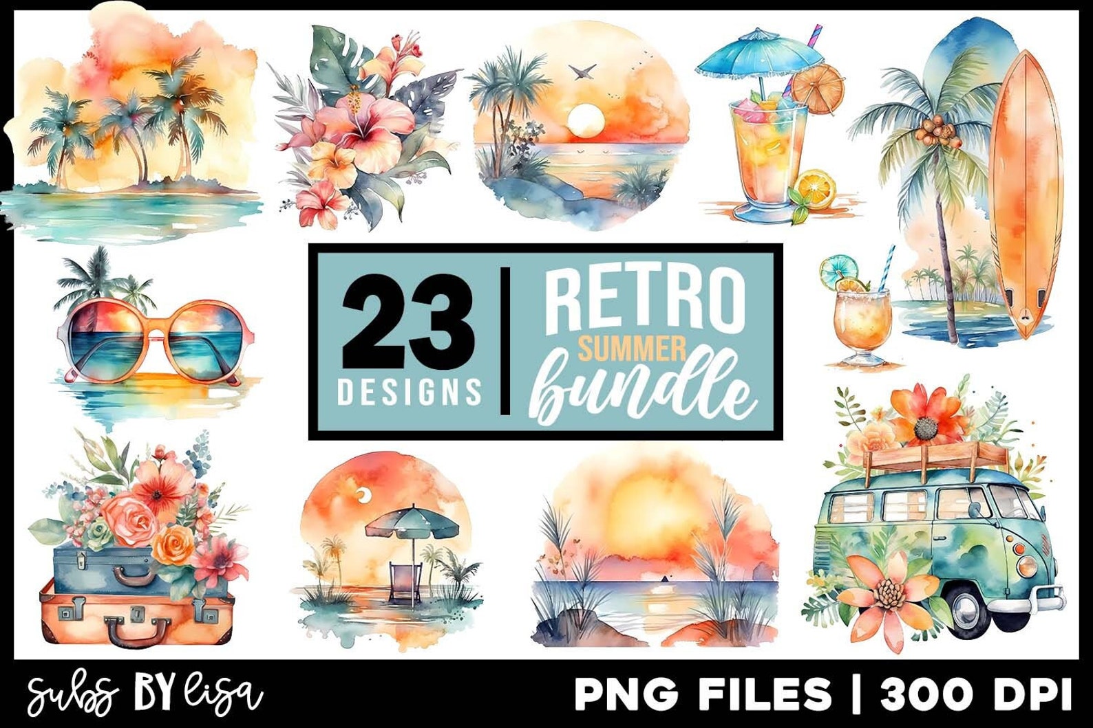 Summer PNG Designs Bundle, Retro Vacation Graphics (digital Download ...