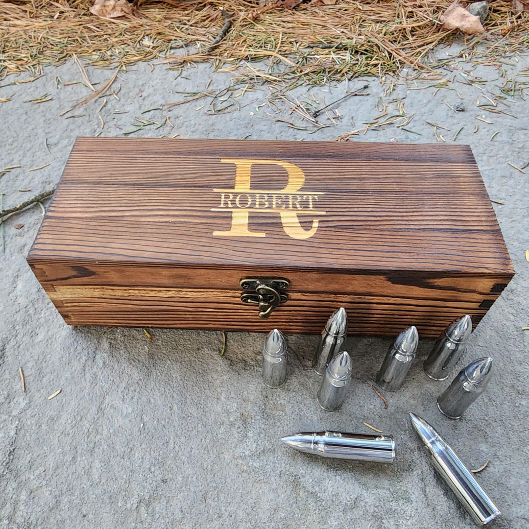 Personalized Wood Box Whiskey Bullet Gift Set Whiskey Stones Bourbon ...