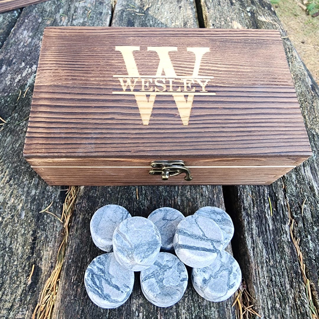 Personalized Round Whiskey Stones Wood Box Gift Set Whiskey Gift ...