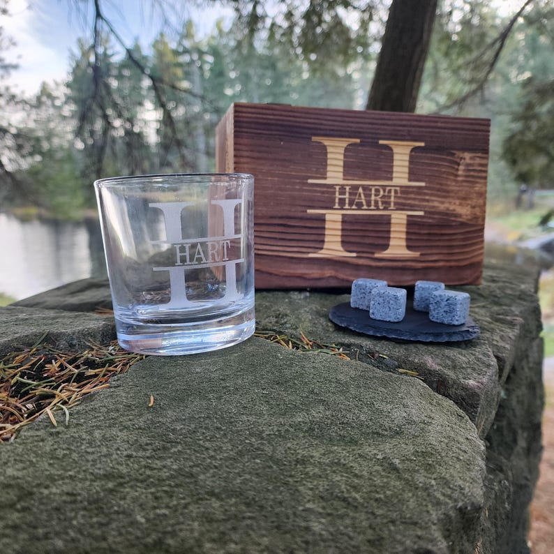 Personalized Whiskey Glass Set With Wood Box, Stones & Coaster - Etsy