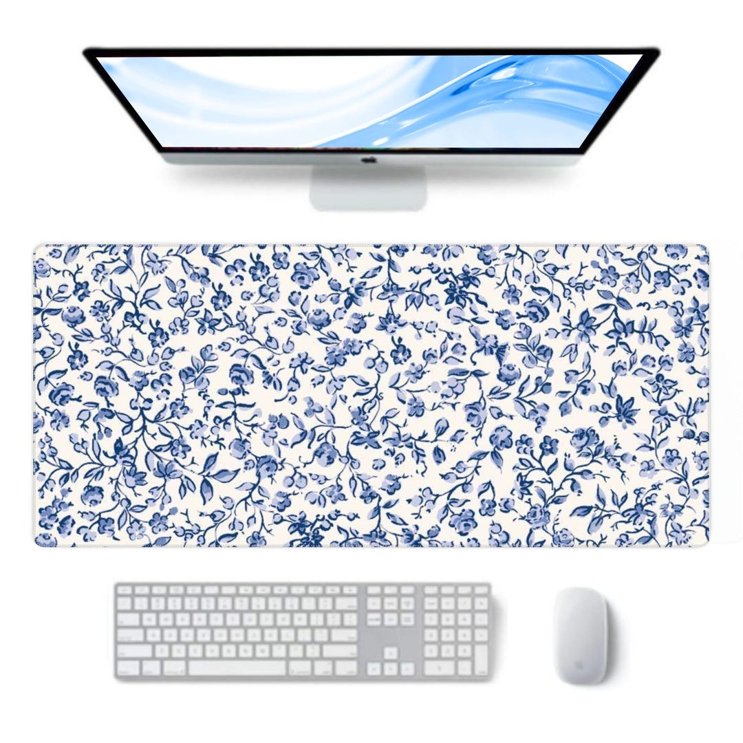 Cute Blue Calico Floral Desk Mat, Large Mouse Pad, Gaming Mousepad ...