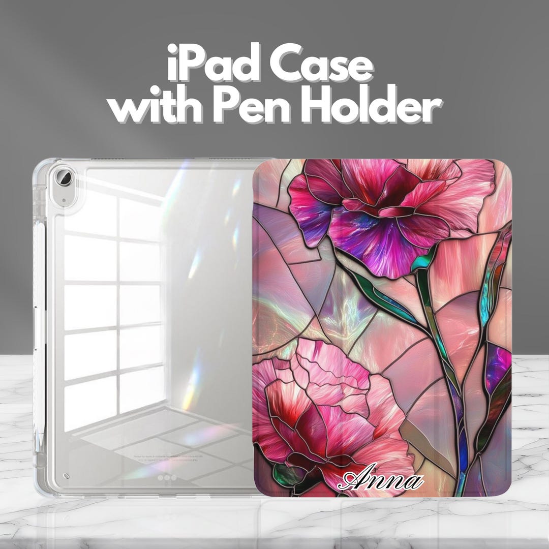 Personalized Stained Glass Floral iPad Case With Pencil Holder for iPad ...